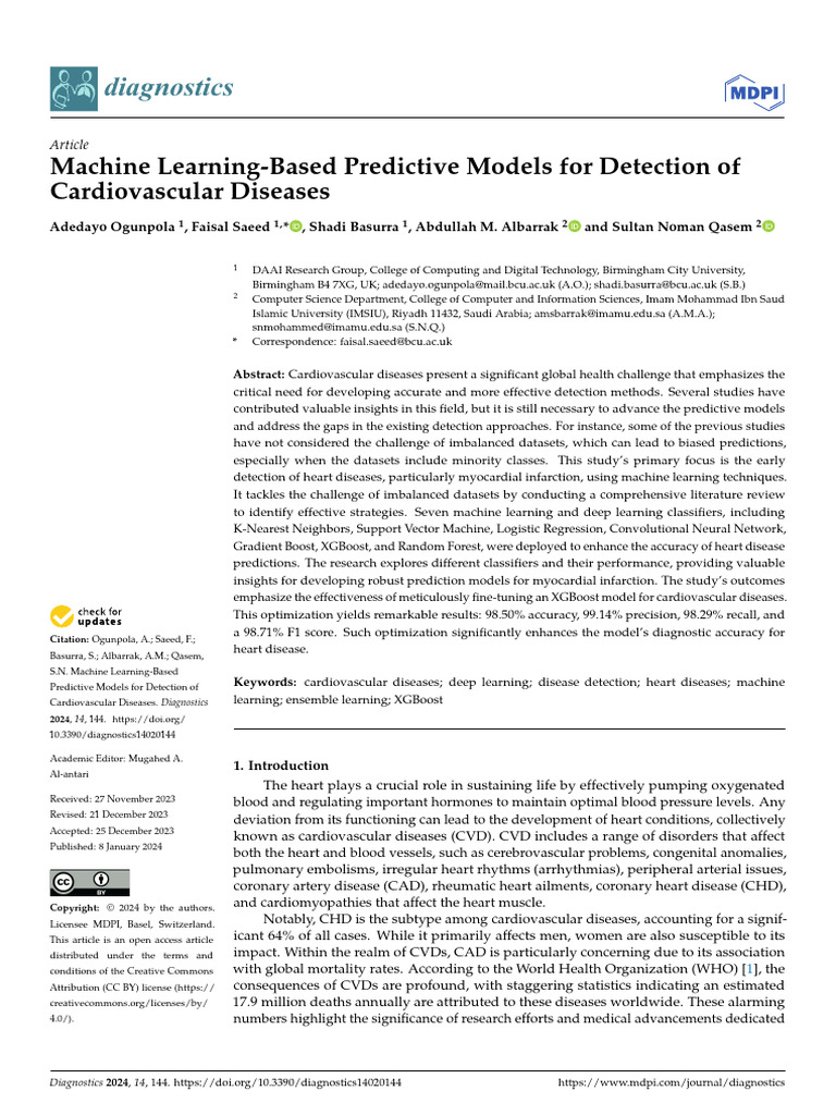 Diagnostics: Machine Learning-Based Predictive Models For Detection of Cardiovascular Diseases ...