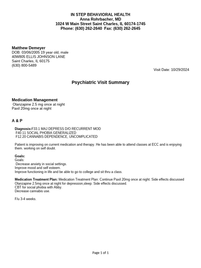 Psychiatric Visit Summary | PDF | Self-Improvement