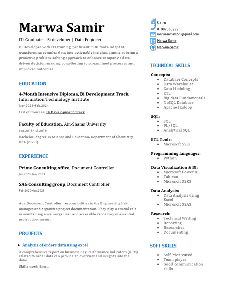 Marwa Samir CV | PDF | Sql | Data Warehouse