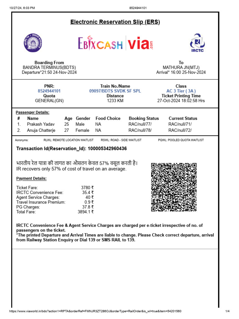Electronic Reservation Slip (ERS) : 8524944101 09097/Bdts SVDK SF SPL ...