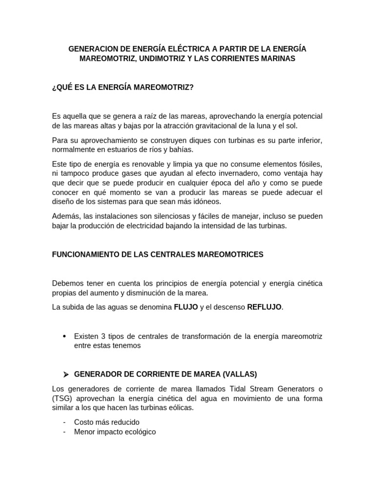 Generacion de Energía Eléctrica A Partir de La Energía Mareomotriz | PDF | Cantidades fisicas ...