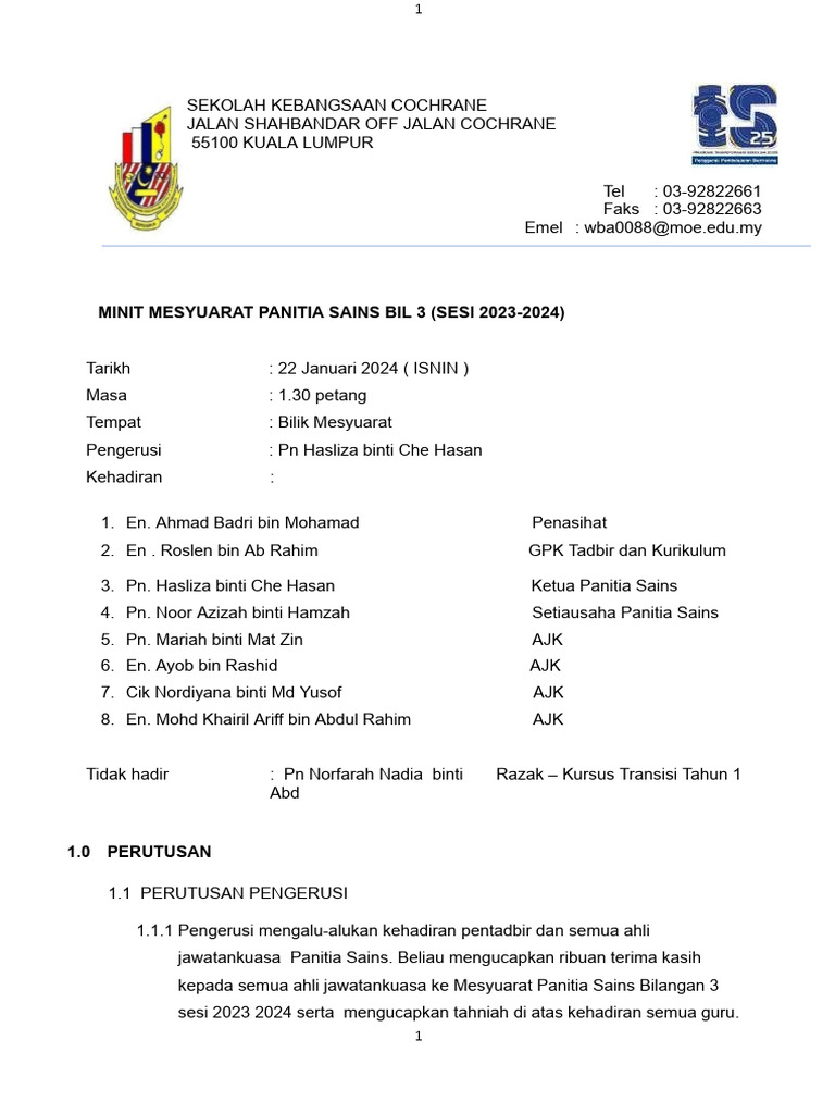 Minit Mesyuarat Panitia Sains 3 | PDF