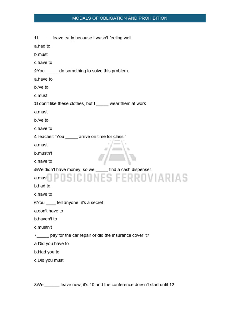 Modals of Obligation and Prohibition Test | PDF
