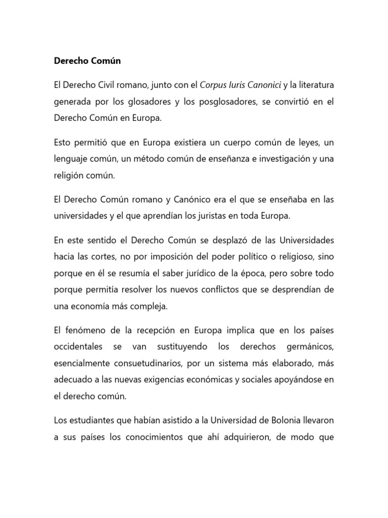 Derecho Comun (Derecho Romano en La Edad Media) | PDF