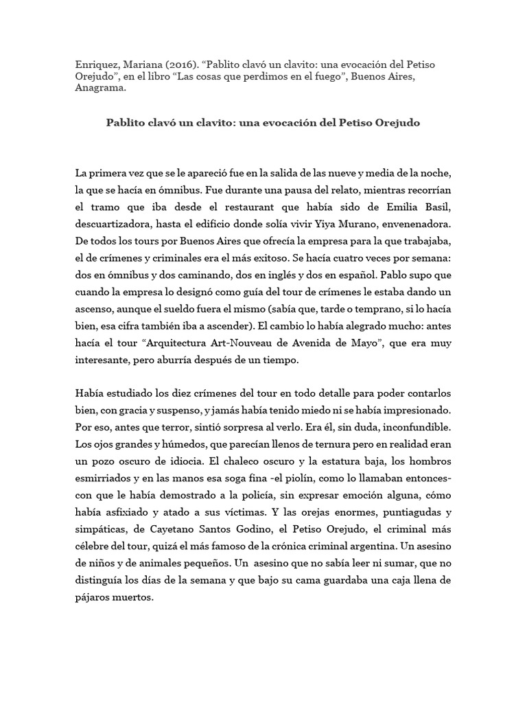 Pablito Clavó Un Clavito Una Evocación Del Petiso Orejudo - Enriquez | PDF