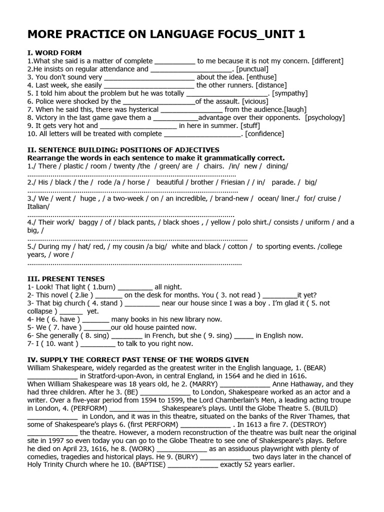 Tiếng Anh - Lớp 11 - HK1 - Unit 1 - More Practice on Language Focus - TĐN - 2021-2022 | PDF ...
