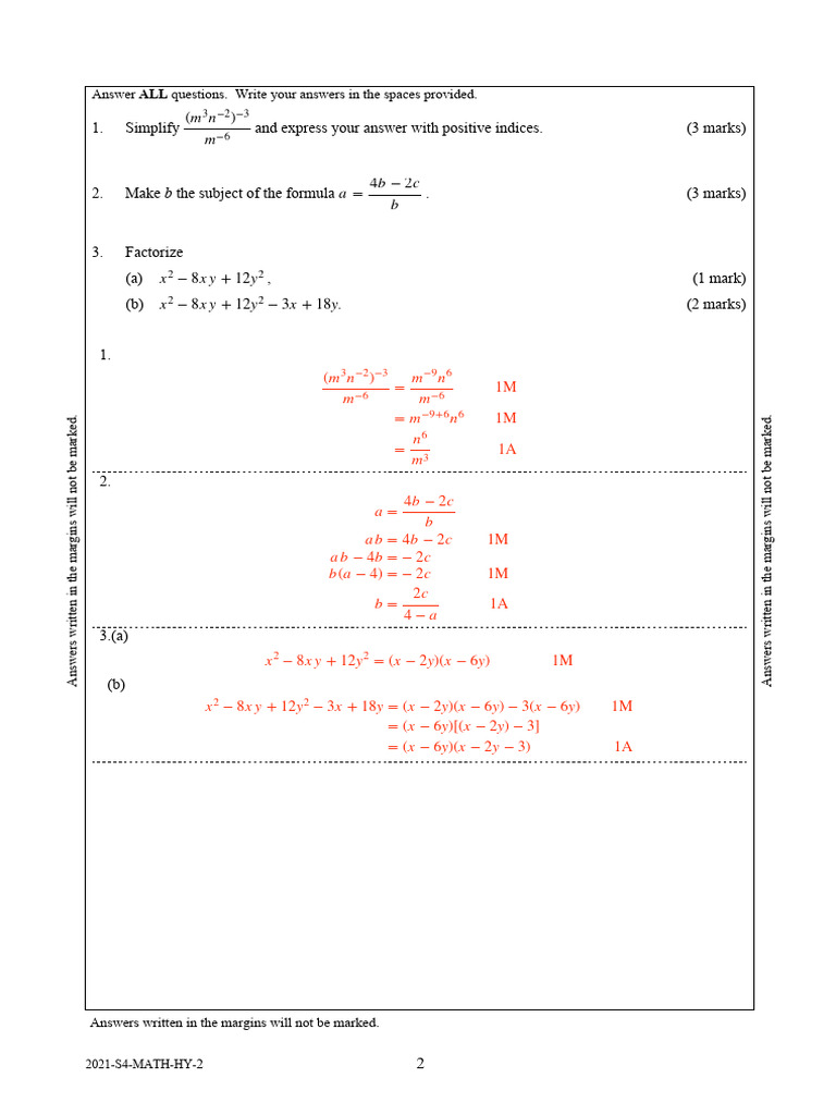 2021 S4 Maths Half-Yearly Paper 1 - MS | PDF | Elementary Mathematics ...