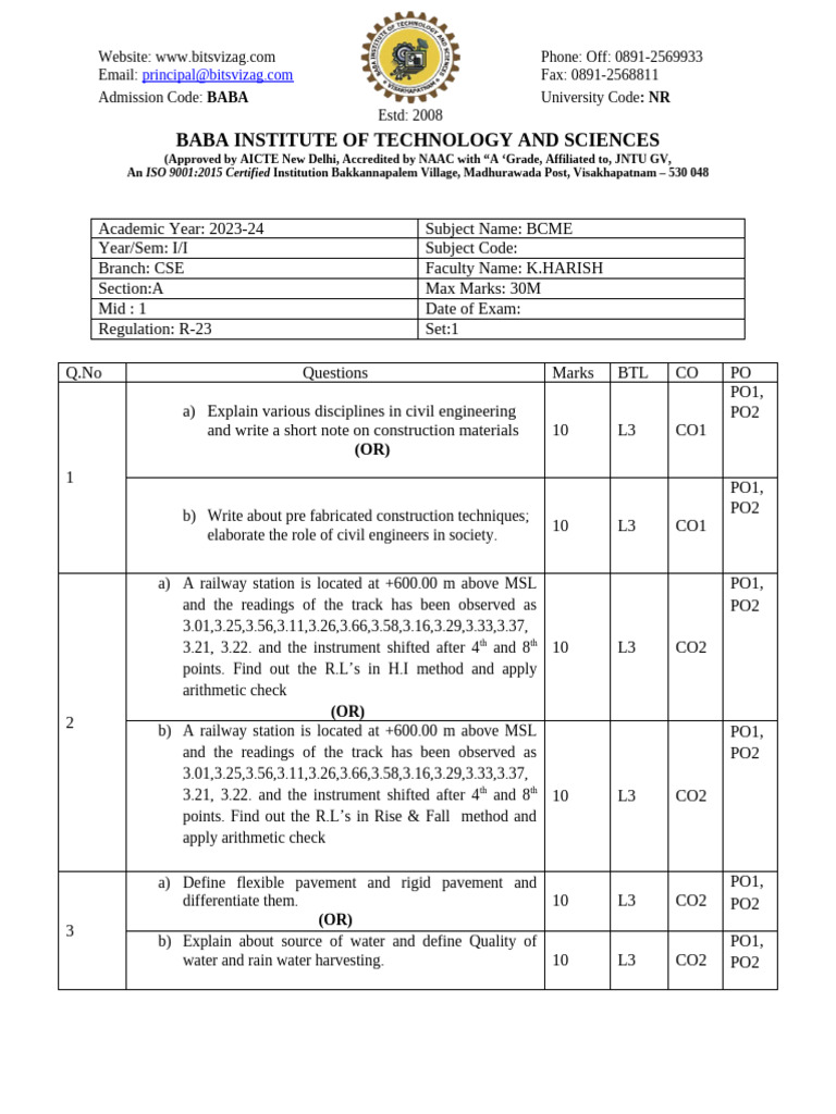 1st CSE - A, Mid1 For BCME (Descriptive & Objective) | PDF | Soil ...
