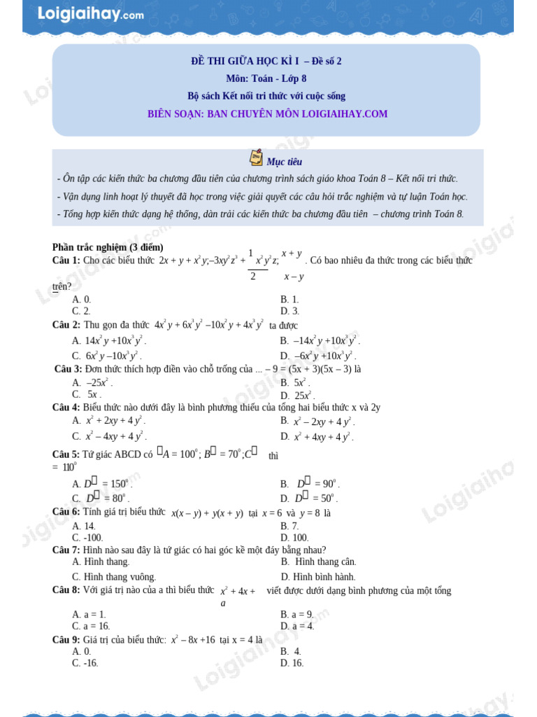 De Kiem Tra Giua Hoc Ki 1 Toan 8 de So 2 Ket Noi Tri Thuc 1725329814 | PDF