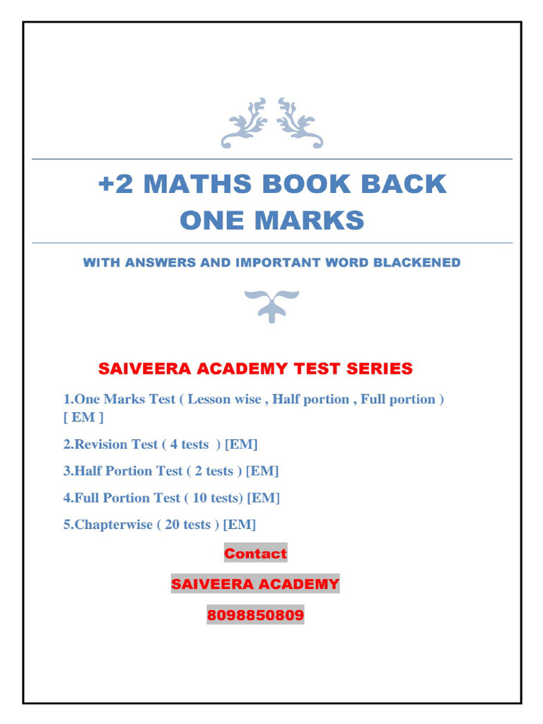 12th Maths Book Back 1 Mark Study Material em Kalvikavi | PDF