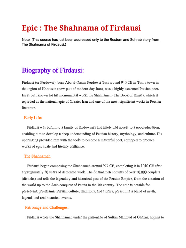 Epic - The Shahnama of Firdausi (Story of Rostom & Mehrab) | PDF