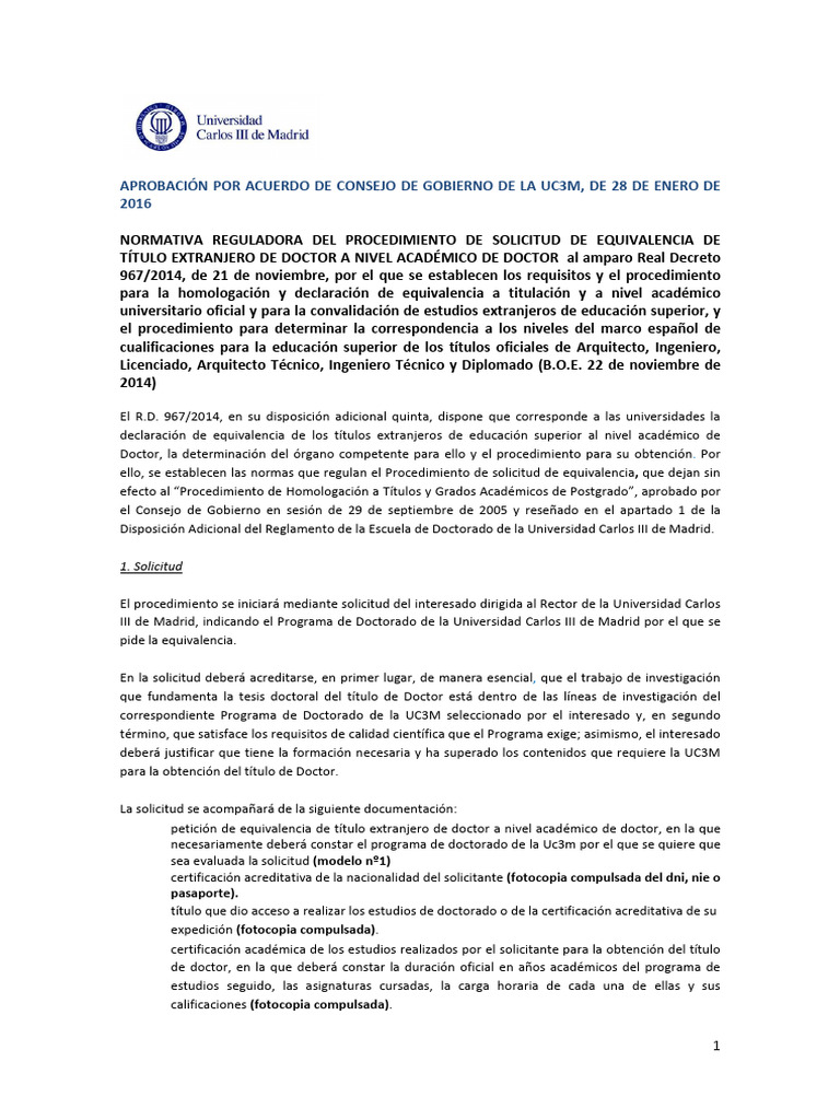 Procedimiento Equivalencia Doctor UC3M | PDF | Doctorado