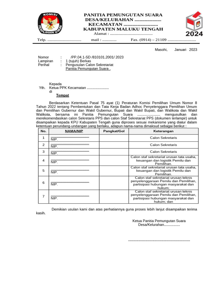 Contoh Surat Pengusulan Sekretariat PPS | PDF