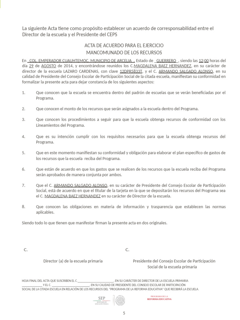 Acta para El Ejercicio de Recursos PEEARE | PDF | Presupuesto | Escuelas