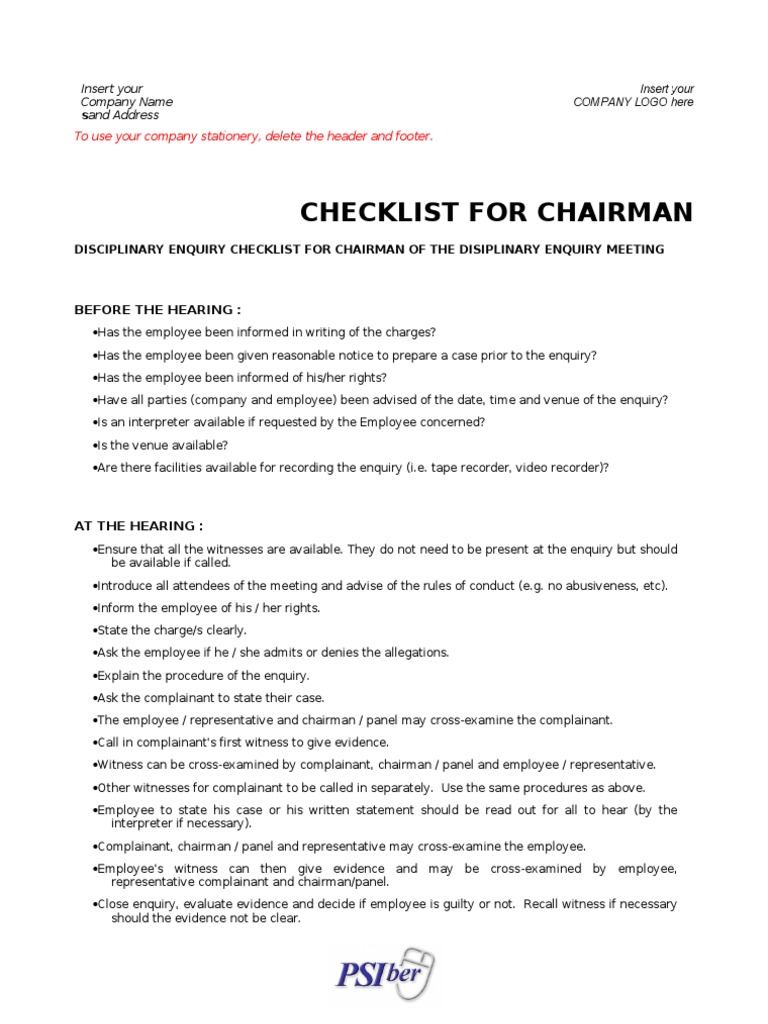 Disciplinary Enquiry Checklist | PDF | Cross Examination | Witness