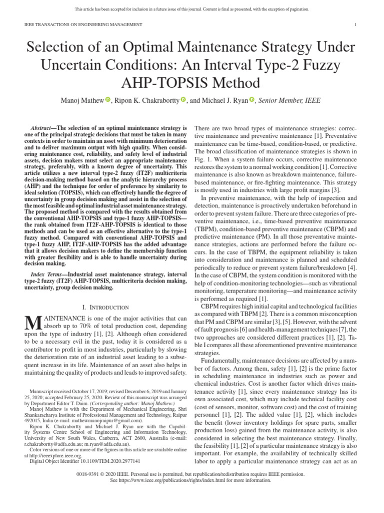 Selection of An Optimal Maintenance Strategy Under Uncertain Conditions: An Interval Type-2 ...
