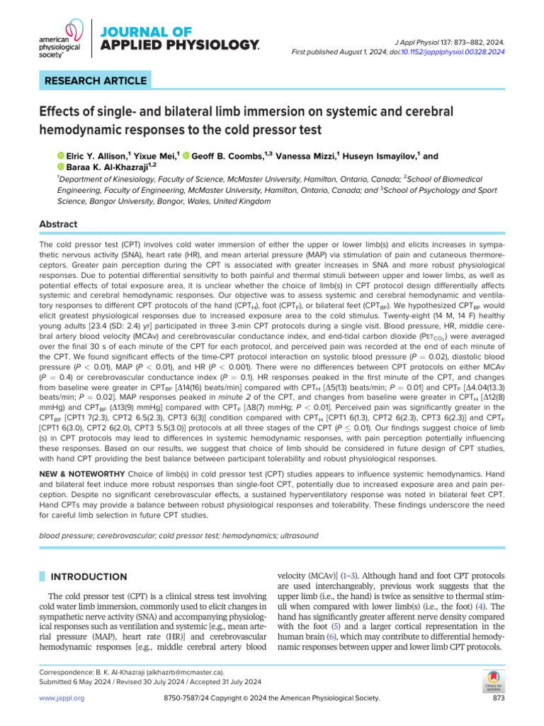 Effects of Single - and Bilateral Limb Immersion On Systemic and ...