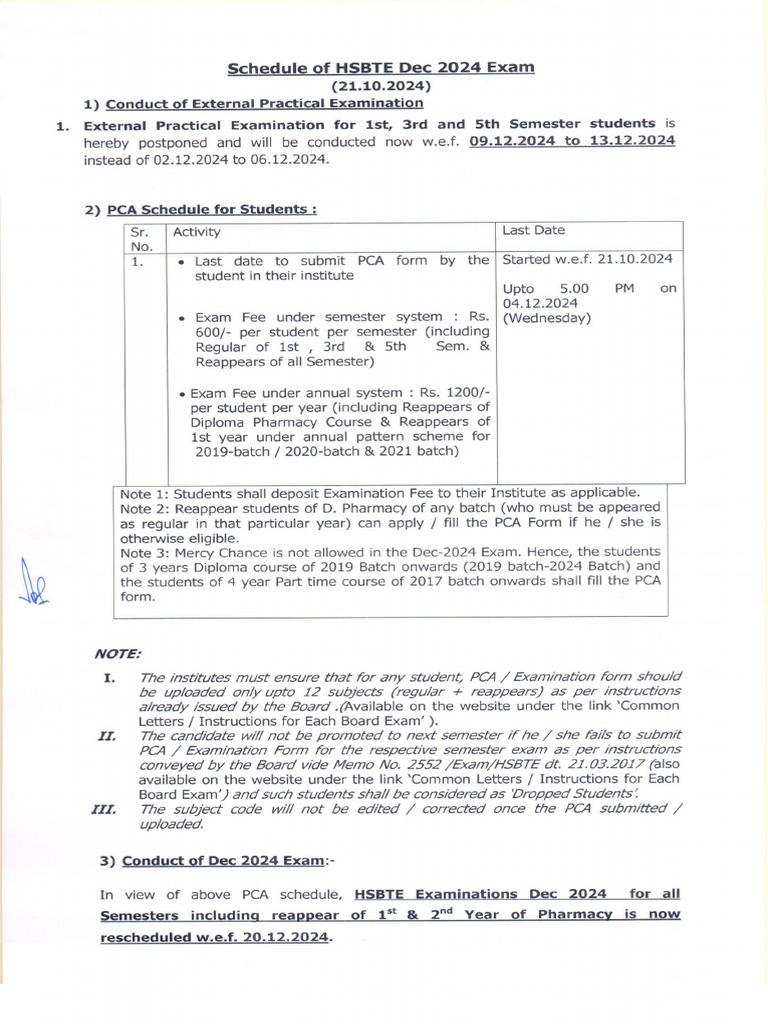 PCA Schedule for Dec 2024 Exam | PDF
