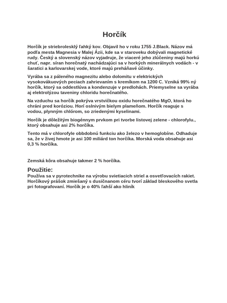 Horčík Je Striebrolesklý Ľahký Kov | PDF