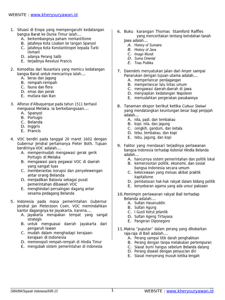 SOAL & JAWABAN PAS SEJARAH INDONESIA KELAS XI K13 - WEBSITE WWW - Kherysuryawan.id | PDF ...