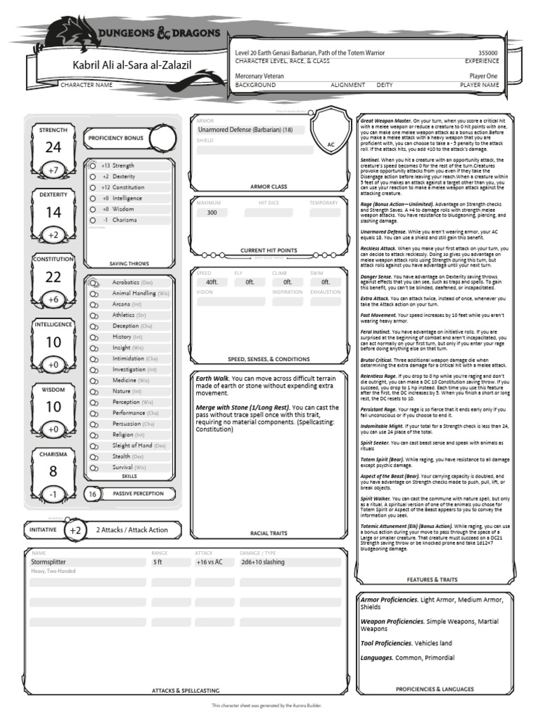 D&D Character Sheet: Level 20 Barbarian | PDF | Role Playing Games ...