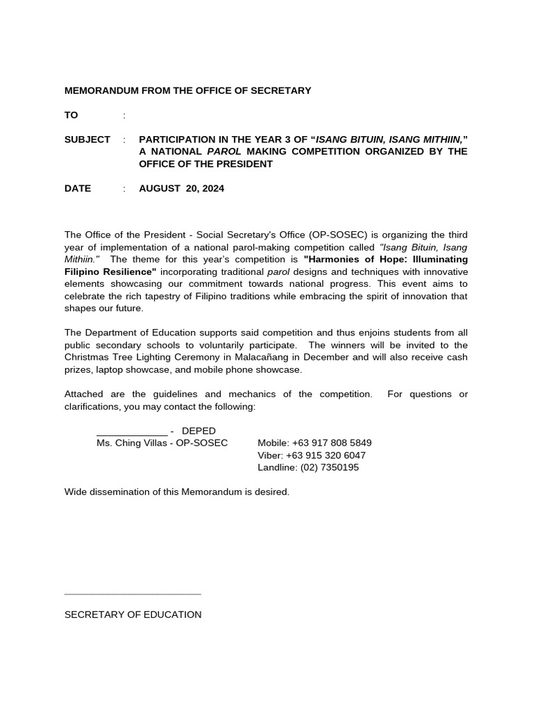 Memo For The National Parol Making Competition Year 3 | PDF