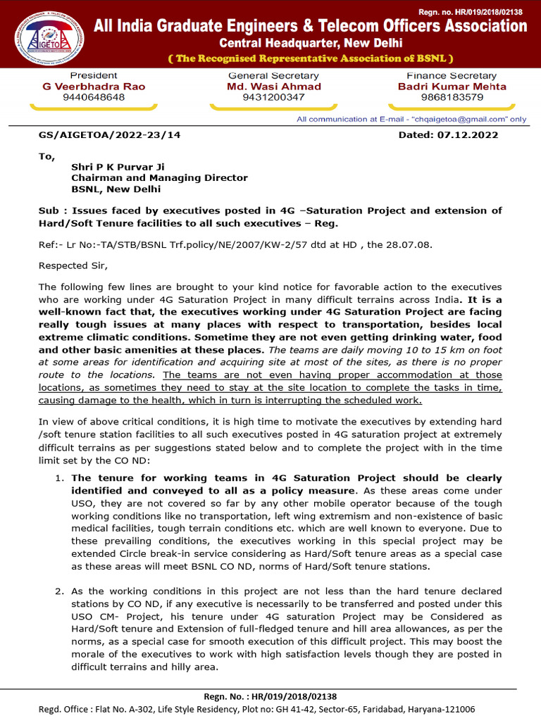 14 - Letter For Difficultries Faced by Executives Working in 4G Saturation Project | PDF