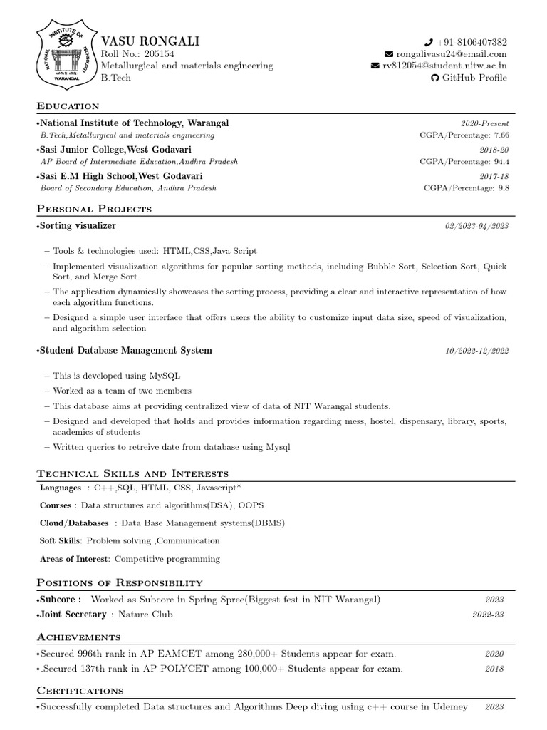 Rongalivasu MME Software Resume | PDF | Databases | Computing