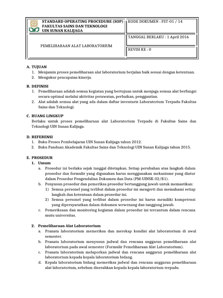 FST-01-14 SOP pemeliharaan alat laboratorium | PDF