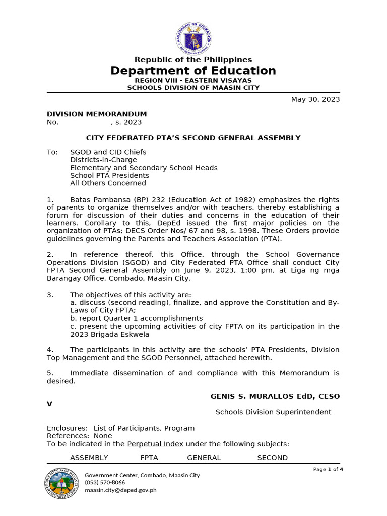 Division Memorandum - 16 Second City FPTA General Assembly | PDF ...
