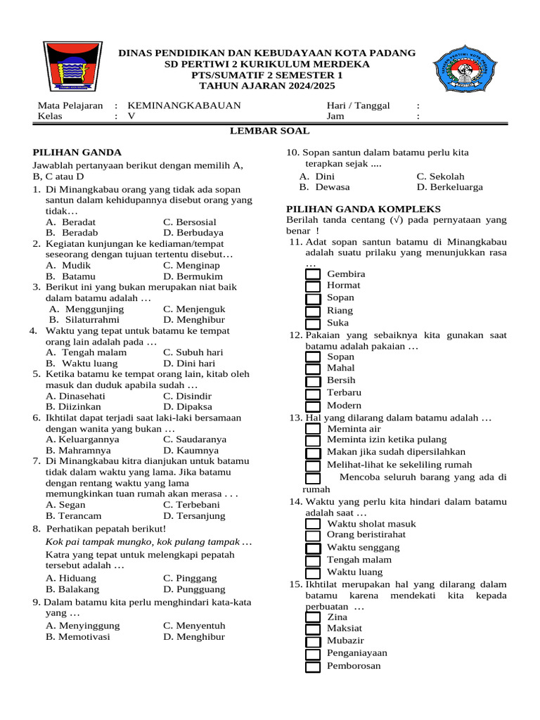 Soal PTS Bam Kelas 5 Semester 1 | PDF