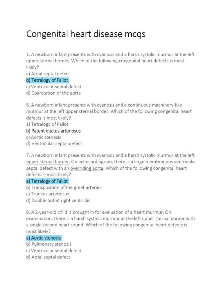 Congenital Heart Disease MCQS | PDF | Congenital Heart Defect ...