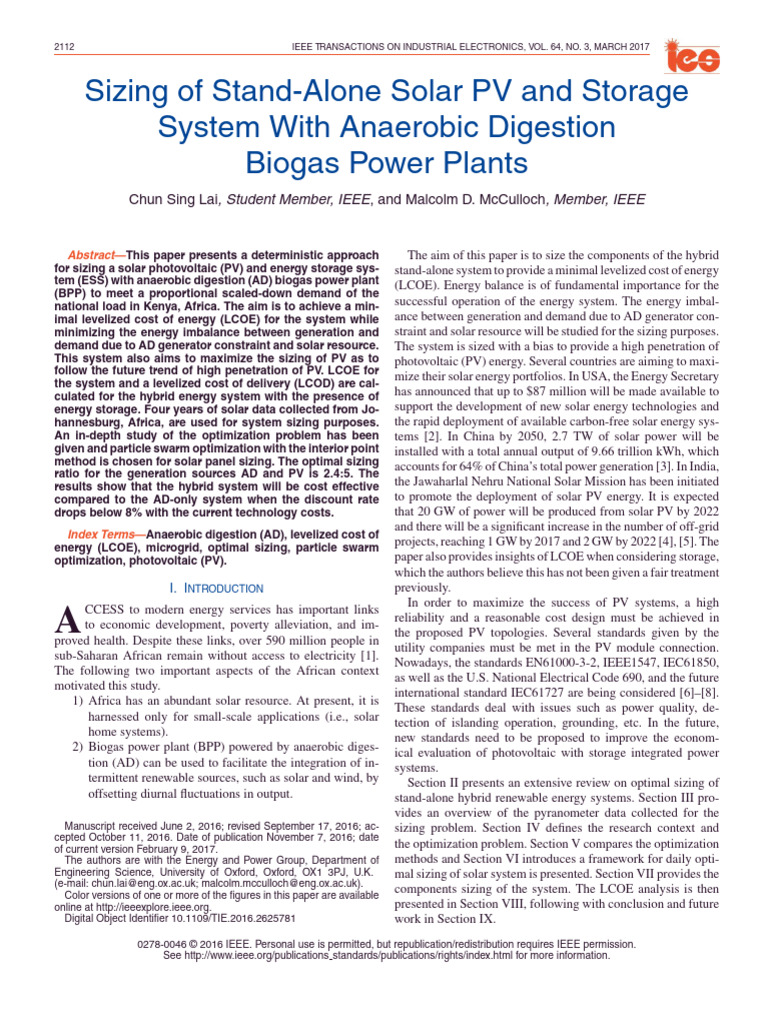 Sizing of Stand-Alone Solar PV and Storage System With Anaerobic Digestion Biogas Power Plants ...