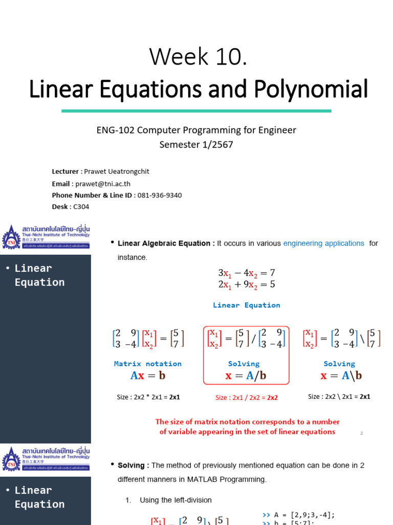 ENG-102 2567 LinearEquationsPolynomial | PDF | Polynomial | Equations