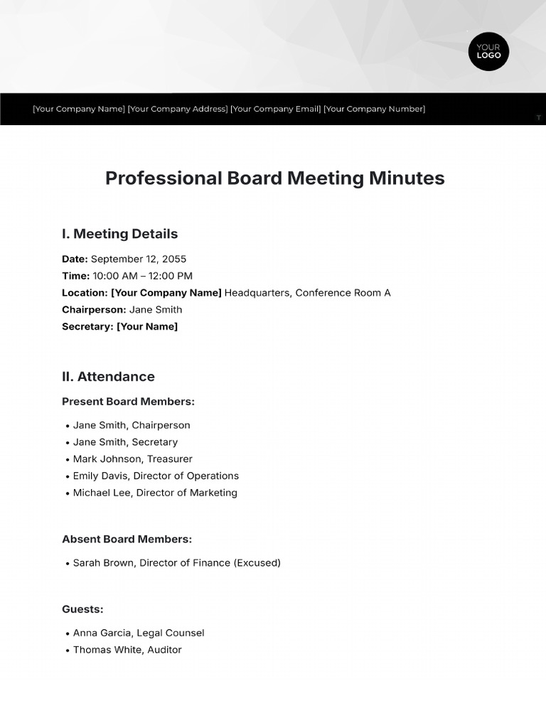 Free Professional Board Meeting Minutes Template - Edit Online ...