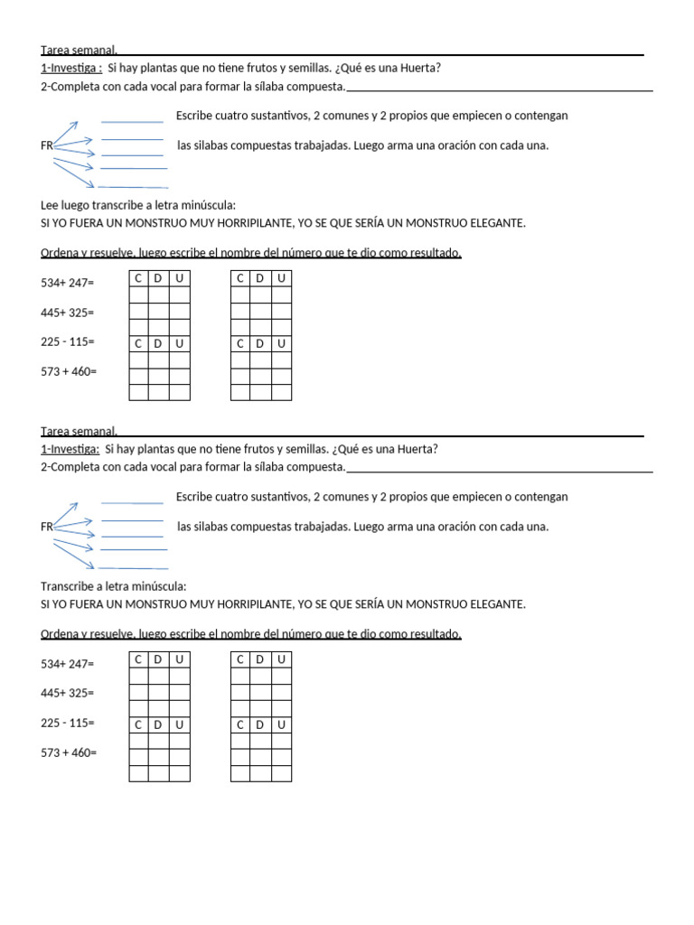 Tarea Semanal: Huertas y Sílaba FR | PDF