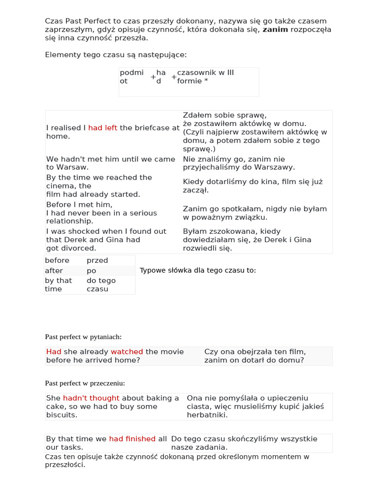 Past Perfect Notatka Zadania | PDF