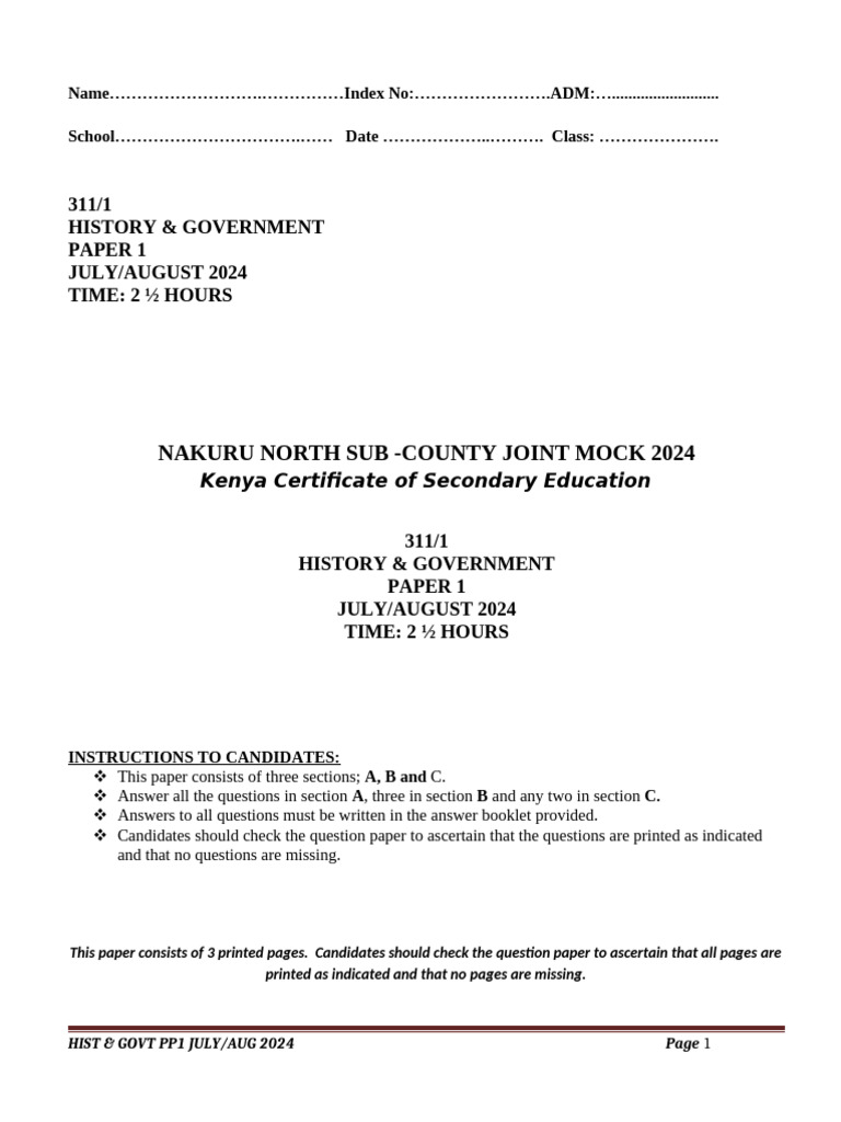 HISTORY-GOVERNMENT-PP1-QS | PDF | Kenya | Africa