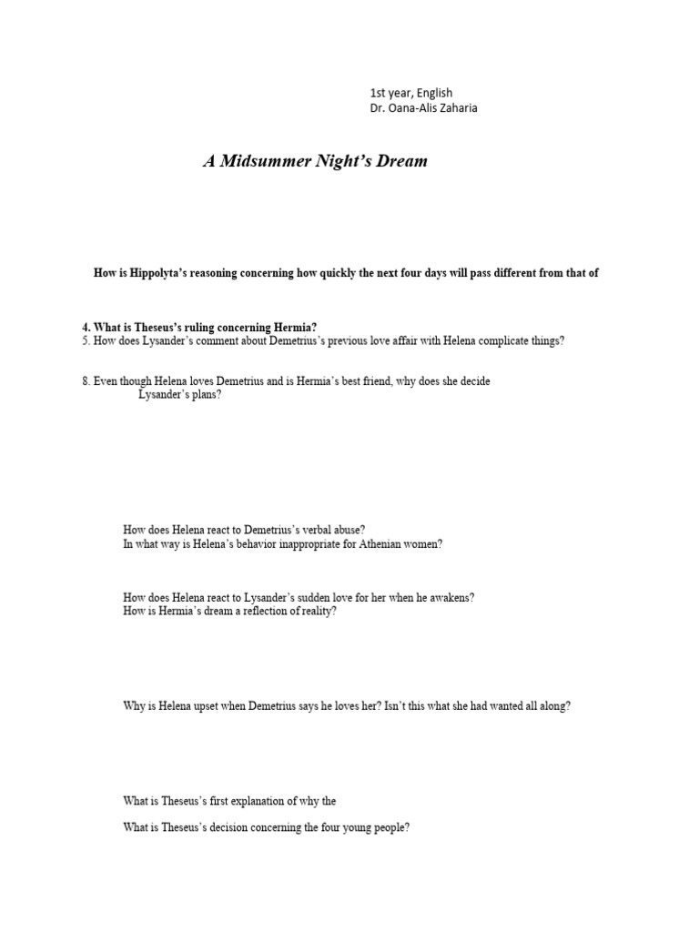Discussion Questions for A Midsummer Night's Dream | PDF | A Midsummer ...