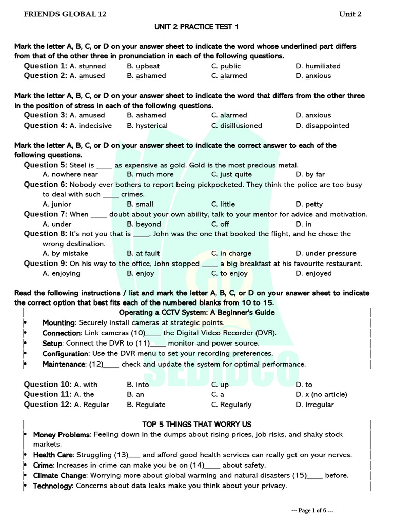 Tiếng Anh 12 Friends Global - Unit 2 - Practice Test 1 | PDF | Burglary ...