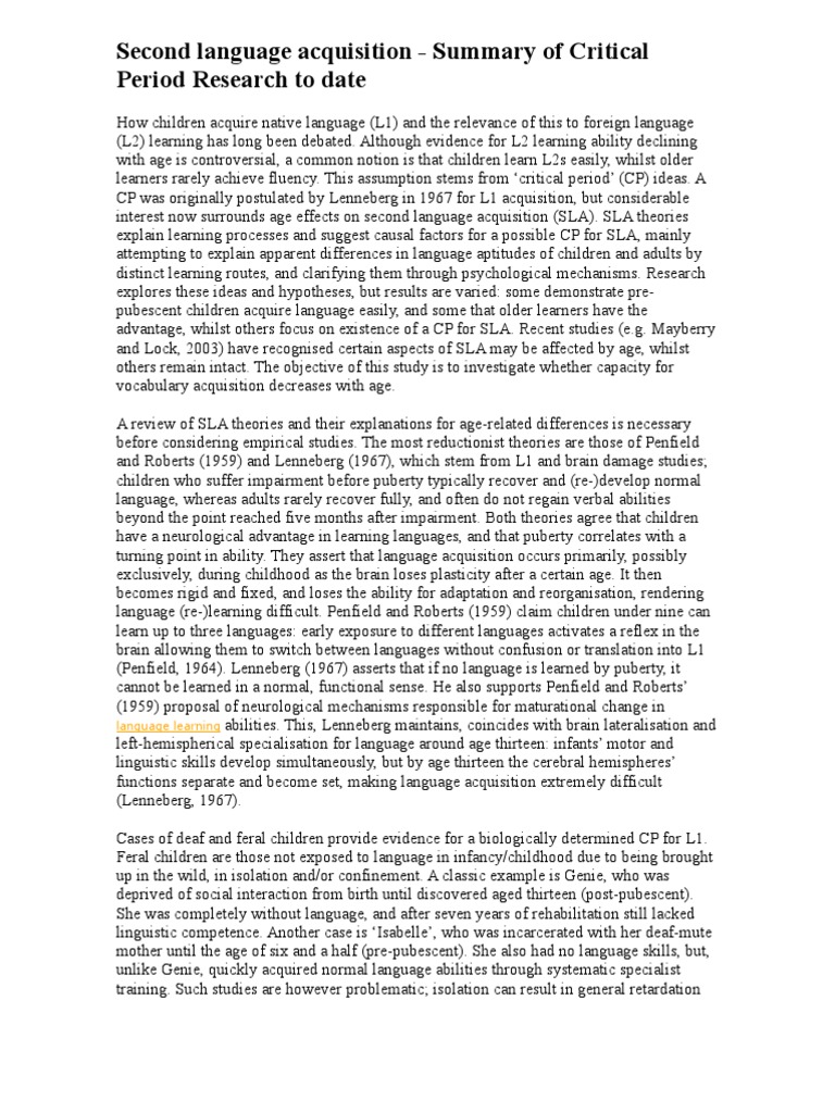Second Language Acquisition - Summary of Critical Period Research To ...