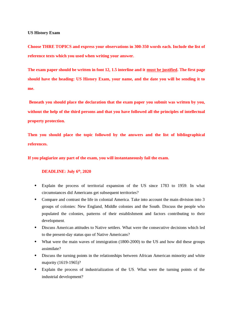 US History Exam Guidelines | PDF | Politics | Social Science