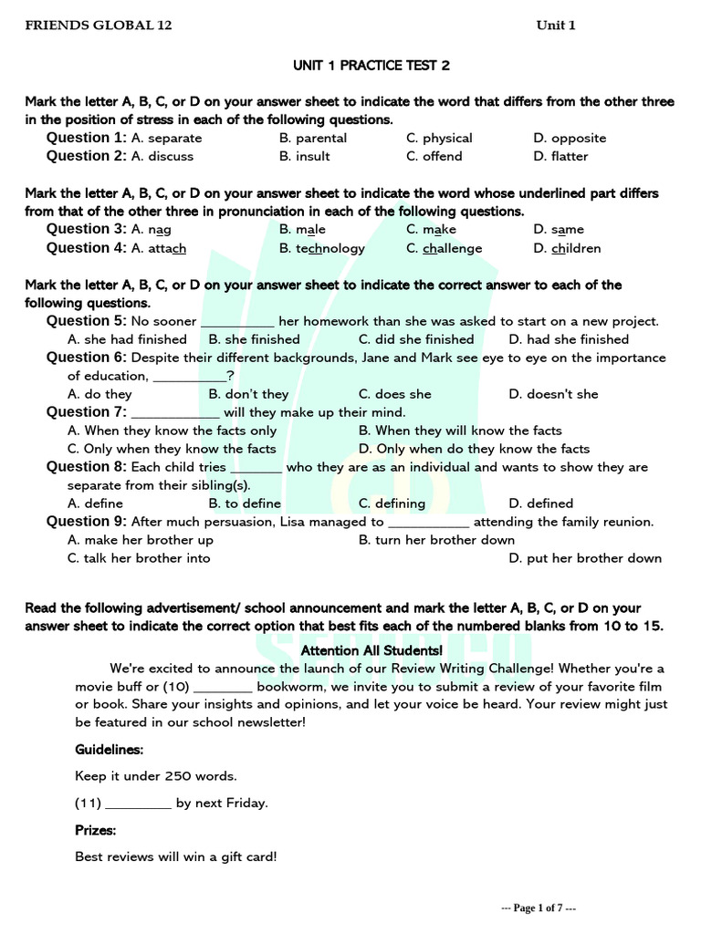 Tiếng Anh 12 Friends Global - Unit 1 - Practice Test 2 | PDF ...