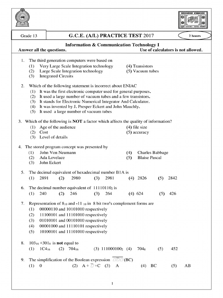 2017 AL ICT - Practice Test - CP | PDF