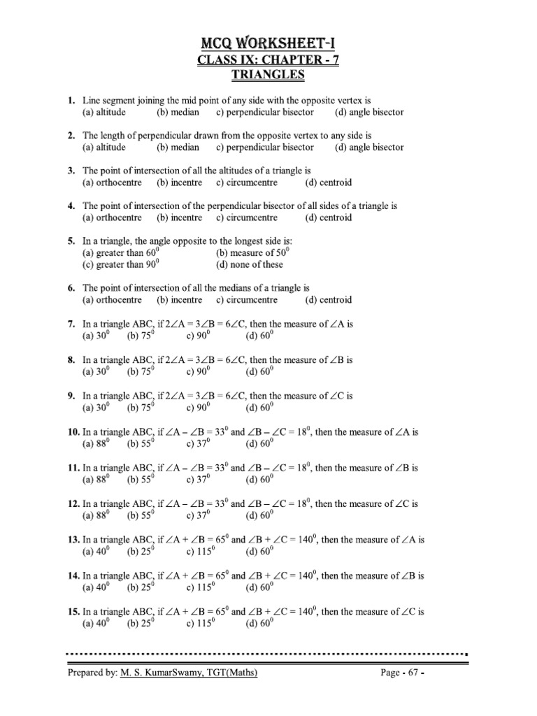 Triangles MCQ Worksheet G9 | PDF