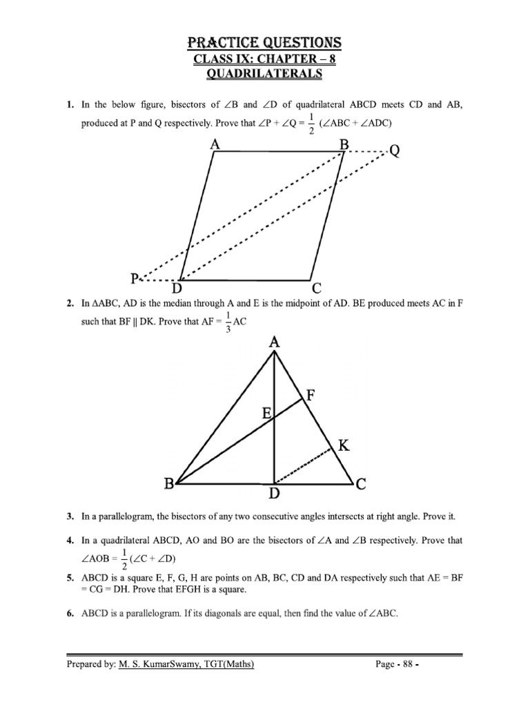 Class 9 Quadrilaterals Practice Questions | PDF
