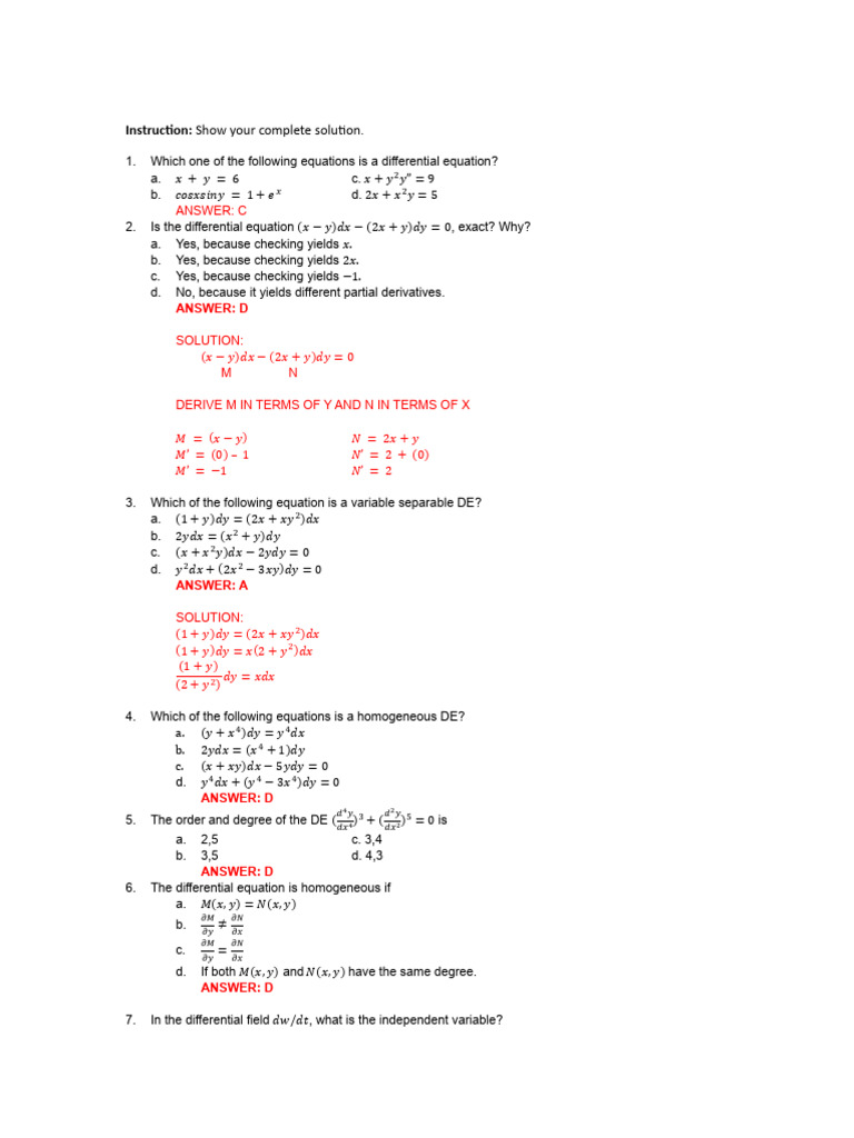 STATICS AND DE Sample Problems | PDF | Equations | Mathematical Physics