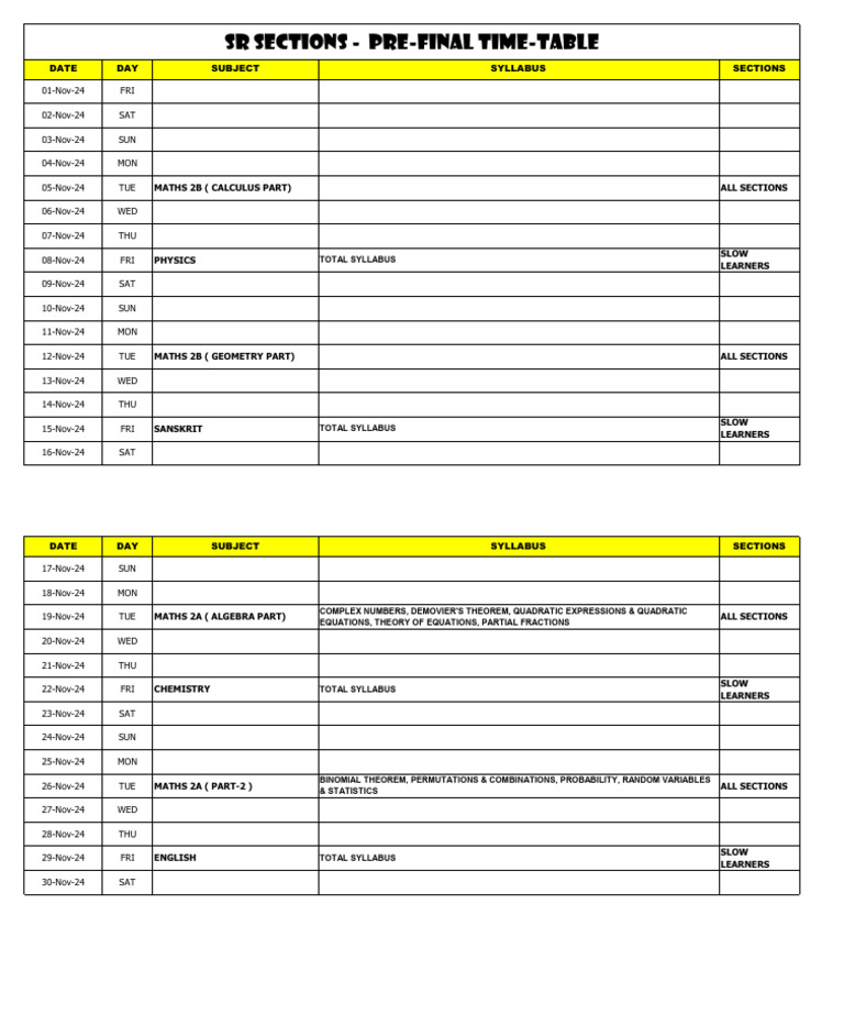 SR Section - Pre Final Time Table | PDF | Mathematics | Equations