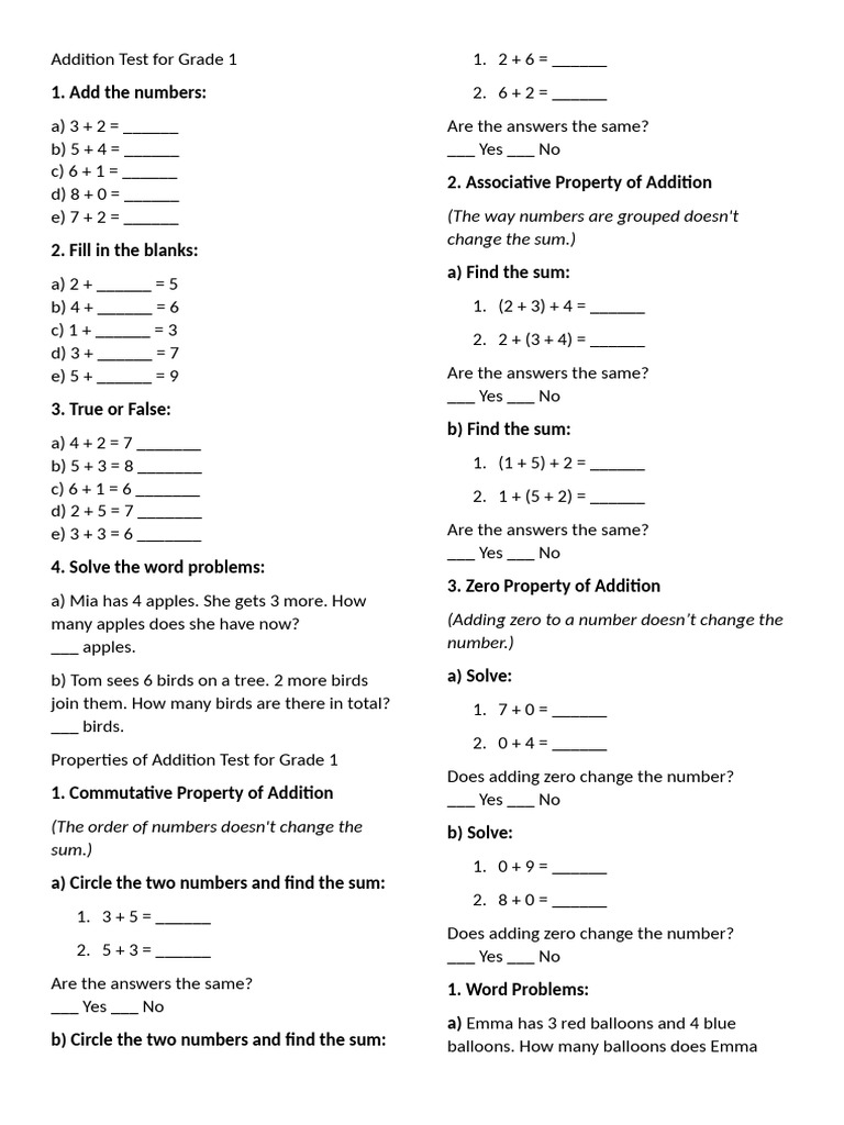 Addition Test for Grade 1 | PDF | Mathematical Concepts | Mathematics