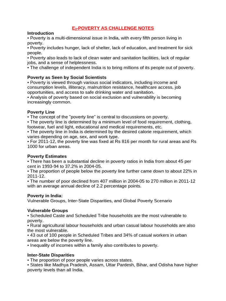 Class 9 Social Science Economics Poverty As Challenge Notes | PDF ...